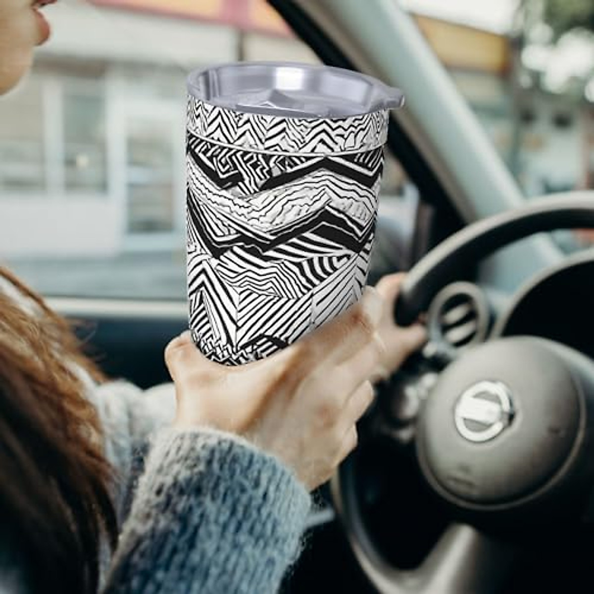 quopvn Black White Tan Zigzag Print 20oz Car Cup Ps Material Lid, Perfect For Hot & Cold Drinks