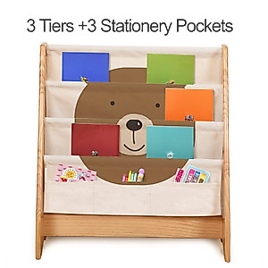 KRAND Kids Sling Bookshelf for Toddler Boys and Girls Book Rack Storage Baby Bookcase Organizer,Features Strong Canvas Sleeves&Solid Wood Structure (Natural/Basic)