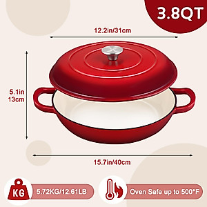 Overmont Enameled Cast Iron Dutch Oven - 3.8 Quart Dutch Oven Pot with Lid - Shallow Cookware Braising Pan - Cast iron Casserole with Cookbook & Heat-resistant Caps - Oven Safe up to 500° F