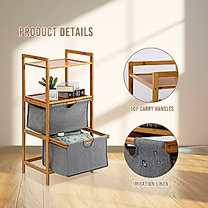 BIGTREE 4 Tiered Fabric Dresser Storage Tower with 2 Linen-Like Design Drawer, Made of Natural Bamboo and Imitation Linen Organizer Unit for Living Rooms, bedrooms, hallways, entrances, Closets, etc