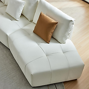 120'' Leather Sectional Couch for Living Room, Modern Modular Sectional Sofa, Ergonomic L Shaped Sofa 4 Seat Sofa, Curved Couch with Button Tufted Seat Cushion & 3 Pillows for Apartment, Office, Beige