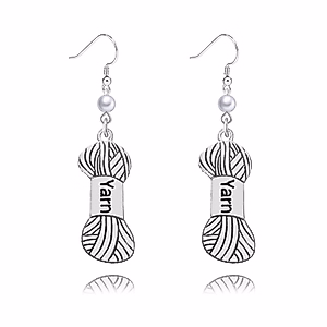 Dreuyet Yarn Knitting Pearl Earrings for Women Unique Silver Sewing Knitting Themed Needles and Yarn Ball Charm Crochet Earrings for Knitter Sewing Lovers Jewelry Gift (Yarn Knitting)