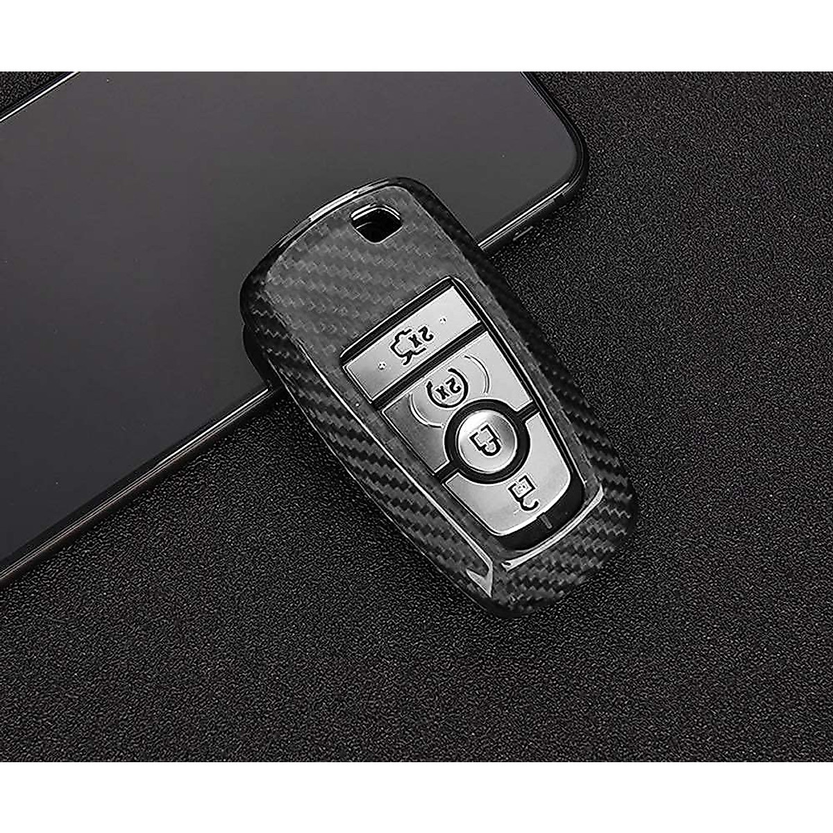 iJDMTOY, Compatible with Ford 2018-up Mustang F150 F250 Explorer Expedition 4-Button Keyless Smart Key Real/Genuine Gloss Black Carbon Fiber Key Fob Shell Cover