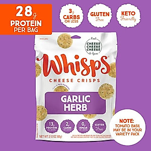 Whisps Cheese Crisps - Parmesan, Asiago, Tomato Basil, BBQ, & Cheddar Cheese Snacks, Keto Snacks, 21-29g of Protein Per Bag, Low Carb, Gluten & Sugar Free, Great Tasting Healthy Snack, All Natural Cheese Crisps - Variety, 2.12 Oz (Pack of 5)