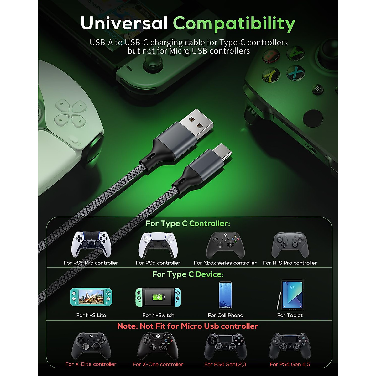 MENEEA Charger Charging Cable for PS5/PS5 Pro Controller,for Xbox Series X/S,for Nintendo Switch 2 Pack 10FT Replacement USB C Cord Nylon Braided Type-C Ports for PlayStation 5 Skins,Grey