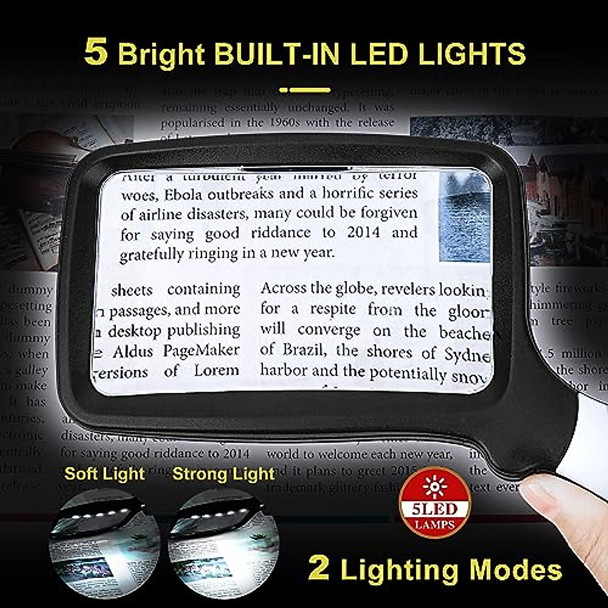 Arsir 3X Folding Magnifying Glass with Light, Retancular Lighted Magnifier with 5 LED Lights, Handhold Page Magnify Lens Seniors Gift for Reading Books, Coins, Maps, Inspection, Kid Exploring -Black