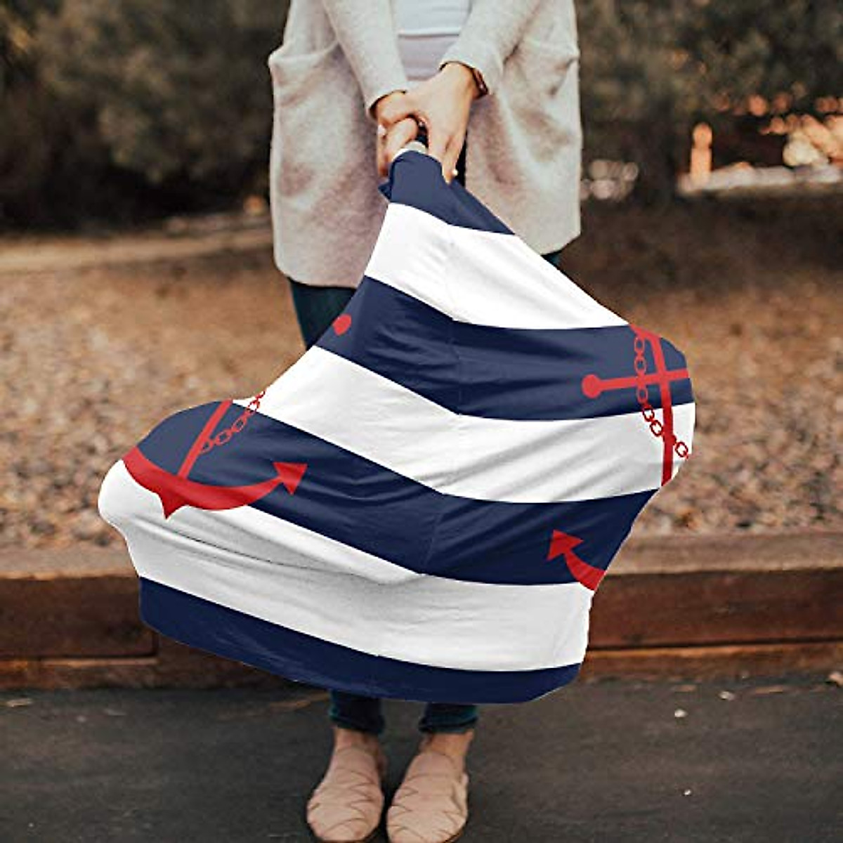 Baby Nursing Covers for Breastfeeding, Baby Car Seat Canopy Covers Scarf for Boys Girls, Nautical Anchor Stripes Canopy, Stretchy Soft Breathable Poncho Infant Stroller Cover, Navy Blue and Red