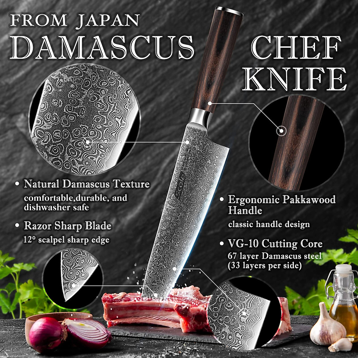 SCOLE® Chef Knife Bundle - Razor Sharp Chefs Knife 8 Inch VG-10 Super Damascus Steel (Natural Pakka Wood Handle) + Ultra Sharp Kitchen Knife Set 7-Piece (Triple Rivet Handle) (2 Items Bundle)