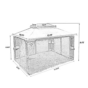 JINS&VICO 13x10 ft Gazebo Double Roof Canopy with Netting and Shaded Curtains, Outdoor Gazebo 2-Tier Hardtop Galvanized Iron Aluminum Frame Garden Tent for Patio, Backyard, Deck and Lawns, Gray