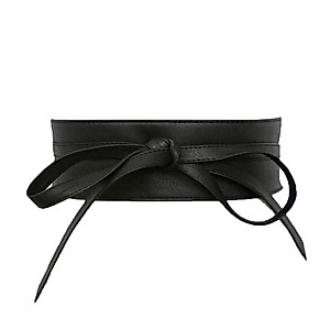 Fashion 21 Women's Wide Lace, Faux Leather Self Tie Wrap Obi Waist Belt (2 Style) (Black)
