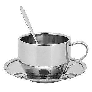Pilipane Stainless Steel Coffee Cup Set,8 Oz Coffee Mugs with Spoon and Saucer, Stainless Steel Coffee Cups Set Espresso Cups, Double Walled Coffee Mugs Drinkware for Latte, Cappuccino, Milk, Tea