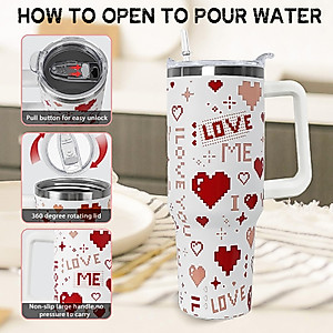 Nqhsionv Valentines Tumbler with Handle 40 oz 5D Pixel Style Love Hearts Coffee Travel Mug Stainless Steel Insulated Cup Valentines Anniversary Wedding Birthday Gifts for Women