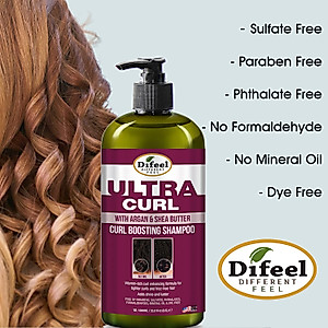Difeel Ultra Curl with Argan & Shea Butter - Curl Boosting Shampoo 33.8 oz., Sulfate Free Shampoo Made with Natural Ingredients