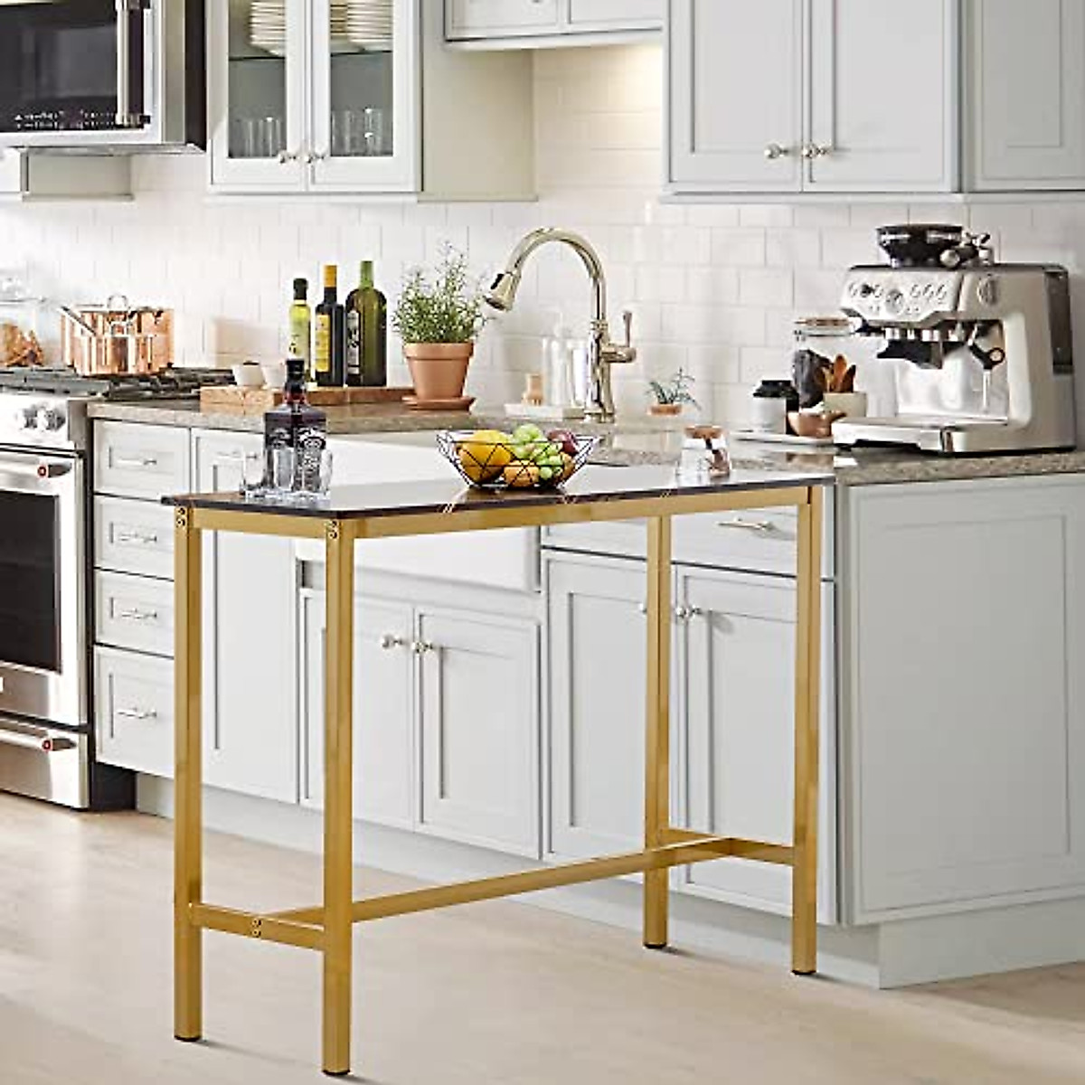 Aklaus 40" Bar Table,Rectangular Industrial Bar Height Table with Sturdy Gold Metal Frame Black Faux Marble Top,Pub Table High Top Dining Table Console Table for Dining Room Living Room Entryway