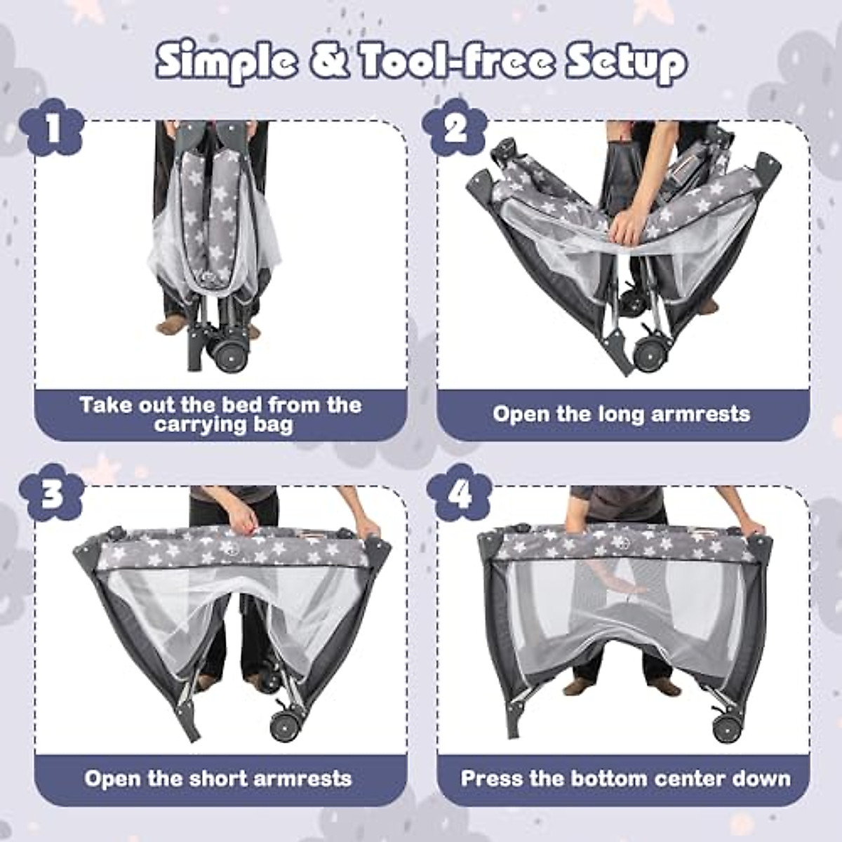 HONEY JOY Pack and Play with Bassinet, 4-in-1 Portable Baby Playard with Changing Table, Net & Cute Toys, Diaper Storage Bag, Music Box, Wheels with Brake, Foldable Newborn Play Yard w/Carry Bag