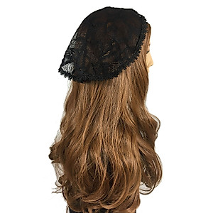 PAMOR Chapel Cap Veil Floral Lace Mantilla Inspired Circle Round Head Covering (Black)