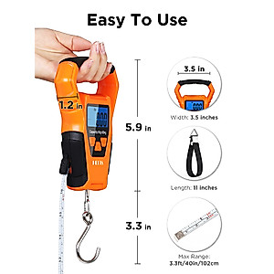 HEETA Waterproof Fish Scale Digital with Backlit LCD Display, 110lb/50kg Portable Hanging Scale Fishing Scale for Home and Outdoor, Measuring Tape and 2 AAA Batteries Included (Orange)