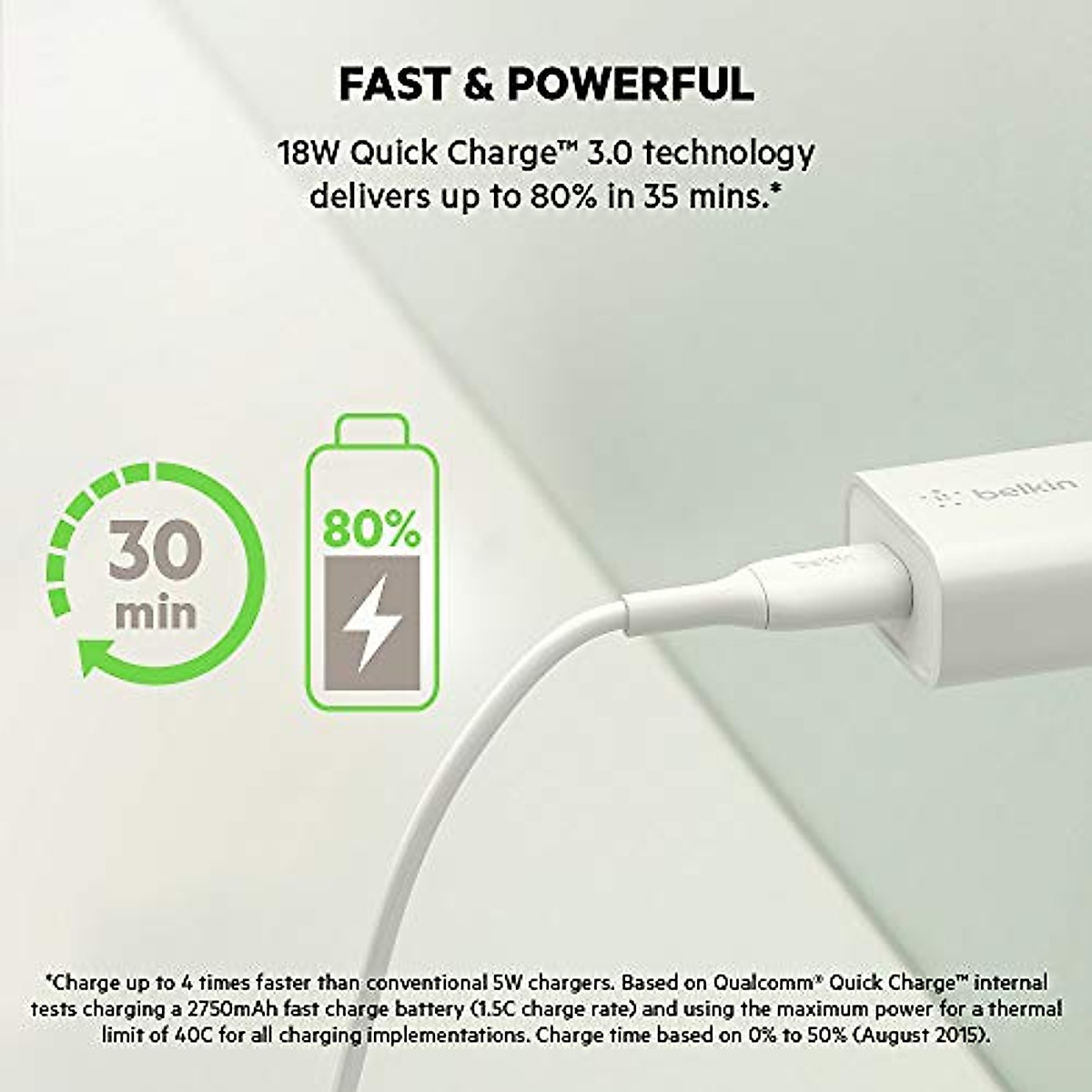 Belkin Quick Charge Charger (Qualcomm Quick Charge 3.0 Charger, USB Charger for Quick Charge Devices, Note9, S9, S8, S7, S6, More) USB Wall Charger, White, WCA001dqWH