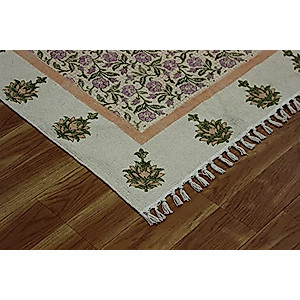 Casavani Hand Block Printed Cotton Dhurrie Floral Green & Pink Tassel Rug Easy Care Washable Rugs for Doormat Entryway Living Room Bedroom Hallway Balcony 9x9 Feet Square