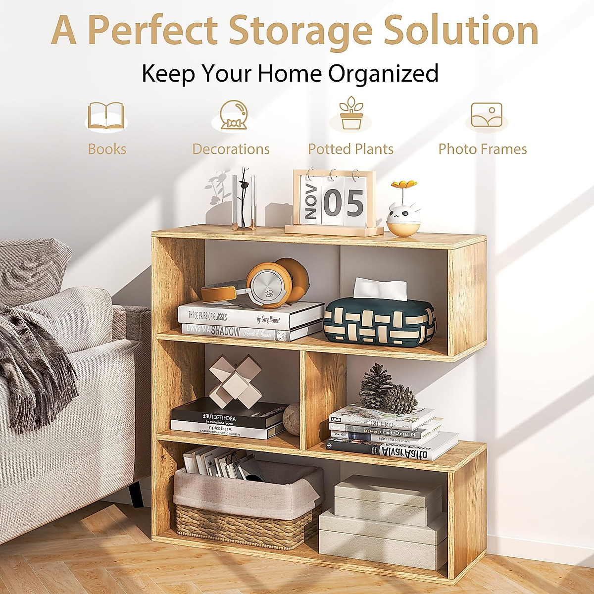 Tangkula 3 Cubes Bookcase, Irregular Open Bookcase, Freestanding Bookshelf Combination, Anti-Tipping Device, Home Display Storage Shelf for Living Room Study (Natural, 3-Cube, Concave)