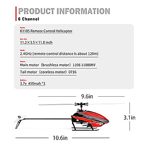 CKYSCHN Remote Control Helicopter, WLtoys K110S RC Helicopters with 3D/6G Mode Gyro for Adults, 6 Channel RC Aircraft with Brushless Motor, Mini Helicopter with 3 Batteries