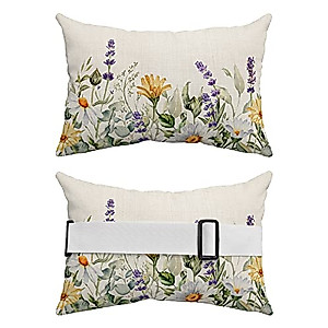 Recliner Head Pillow Ledge Loungers Chair Pillows with Insert Daisy Spring Plants Leaf Lavender Retro Linen Texture Summer Lumbar Pillow with Adjustable Strap Patio Cushion for Bench Couch, 2 PCS