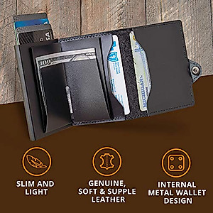 Conceal Plus Wallet for Men, Pop Up Wallet Credit Card Holder - RFID Blocking, Slim Minimalist Credit Card Case (Genuine Black Leather)