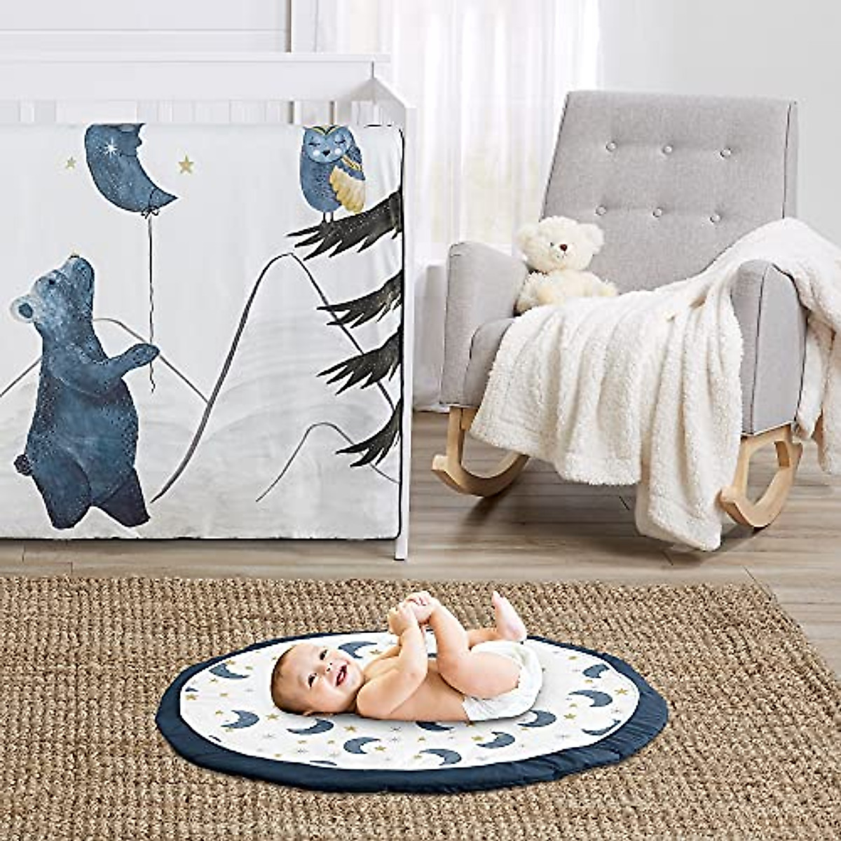 Sweet Jojo Designs Moon and Star Boy or Girl Baby Playmat Tummy Time Infant Play Mat - Navy Blue and Gold Watercolor Celestial Sky Gender Neutral Outer Space Galaxy