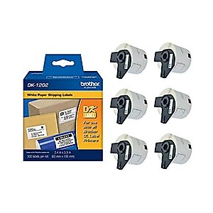Brother Genuine DK-1202 6-Pack Die-Cut White Paper Shipping Labels for QL Printers, 2.4" x 3.9" (62mm x 100mm) Individual Label Size, 1,800 Total Labels