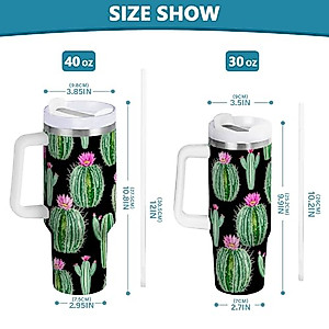 ODAWA 40oz Travel Insulated Tumblers with Straw and Handle, Cacti Pink Flowers Black Double Wall Insulated Tumbler