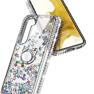 NGB Supremacy Compatible with Samsung Galaxy S23 Case (6.1 Inch) with Tempered Glass Screen Protector, Ring Holder/Wrist Strap, Girls Women Bling Liquid Floating Glitter Cute Case (Crystal Gem)