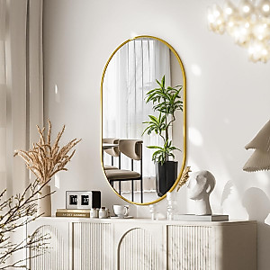 VooBang Gold Oval Wall Mirror, 17x30 inch Oval Bathroom Mirror, Wall Mounted Vanity Mirror with Metal Framed, Tempered Glass and Reflective High Definition, Mounted Horizontally or Vertically