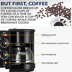 BYHIP 3-in-1 Breakfast Station - Includes Coffee Maker, Non-Stick Griddle, and 4-Slice Toaster Oven - Versatile Breakfast Maker with Timer Suitable for Kitchenettes/Apartments/Dormitories- Black