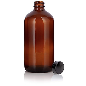 JUVITUS 16 oz Amber Glass Boston Round Bottle with Airtight Black Phenolic Cap (2 Pack)