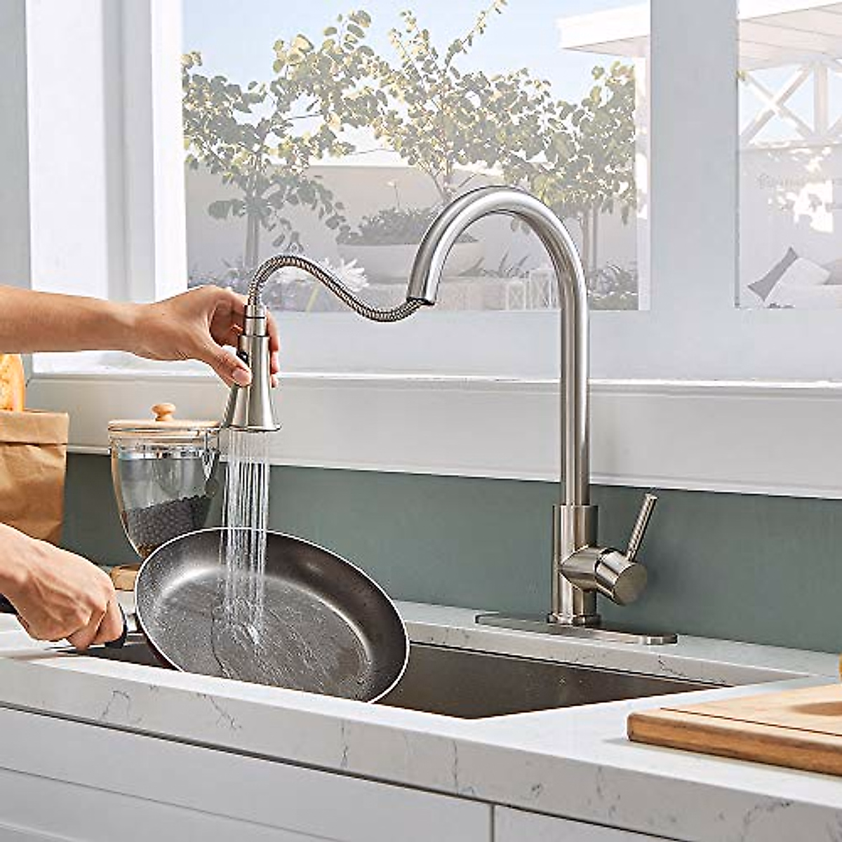 KINGO HOME Modern Commercial High Arc Stainless Steel Single Lever Handle Pull Down Sprayer Brushed Nickel Kitchen Faucet, Kitchen Sink Faucet with Deck Plate