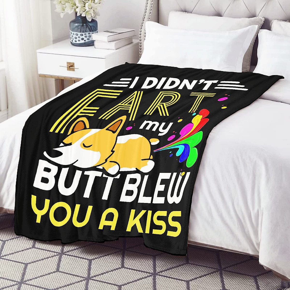 Funny Corgi Throw Blanket,Gift for Child Dogs Lover,I Didn't Fart My Butt Blew You A Kiss Blanket,Soft Lightweight Flannel Plush Quilt for Bed Sofa Couch 50 x 40 in S for Kids Teens
