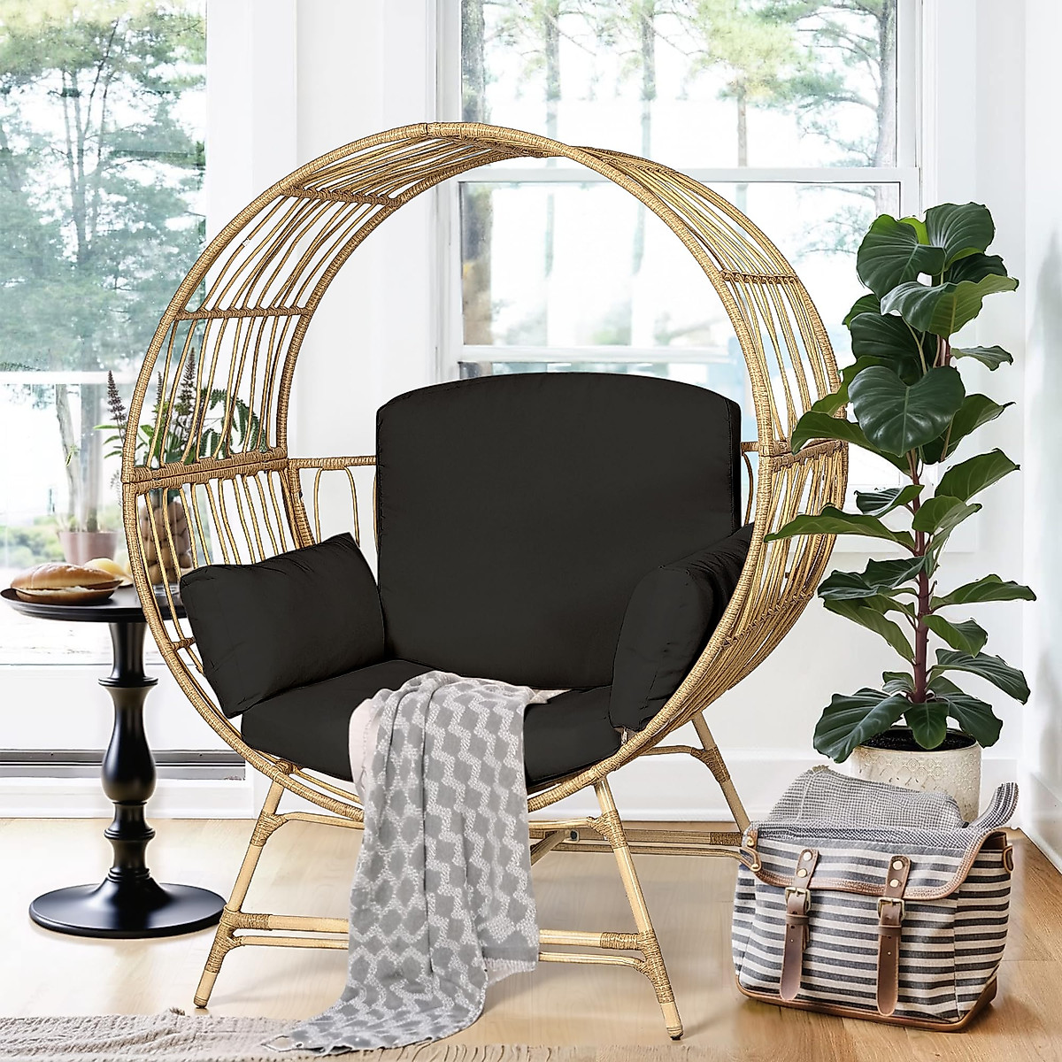 Rattan Wicker Egg Chair, Egg Basket Lounge Chair with 4 Cushions, Oversized Indoor and Outdoor Lounger Chair for Patio & Living Room, Steel Frame, 330lbs Capacity