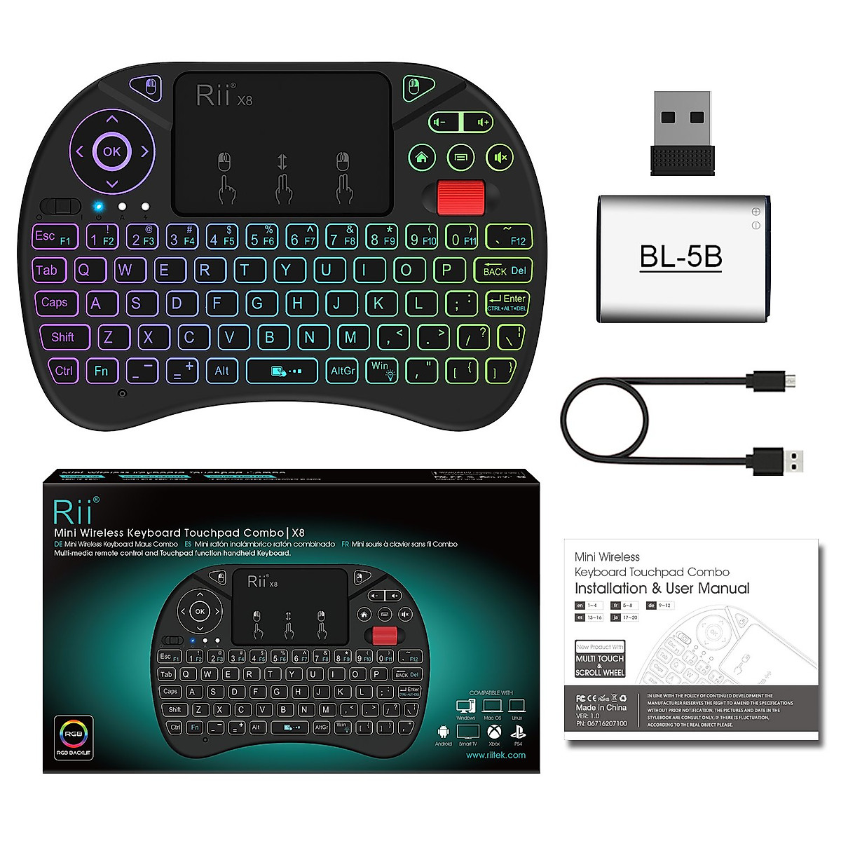 Rii X8 Mini Keyboard,2.4GHz Portable Wireless Keyboard with Touchpad Mouse,RGB Backlit,Rechargeable Battery for Android TV Box/Mac/PC/Nvidia Shield
