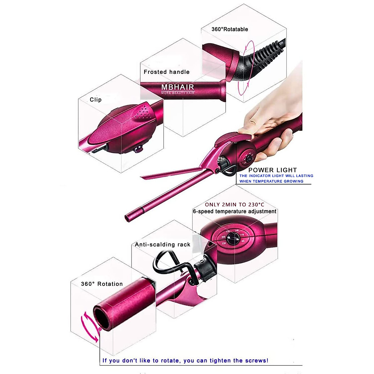 MBHAIR 9mm Thin Curling Wand Hair Curler, 3/8 Small Barrel Skinny Hair Curling Iron Wand Professional Super Tourmaline Ceramic Barrel Small Tongs for Short and Long Hair