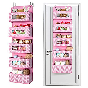 Mayniu 2 Pack Over the Door Hanging Organizer Storage with 5 Large Pockets, Wall Mount Pantry Organizer with Clear Windows for Nursery, Closet, Toys, Diapers, and Sundries (Pink)
