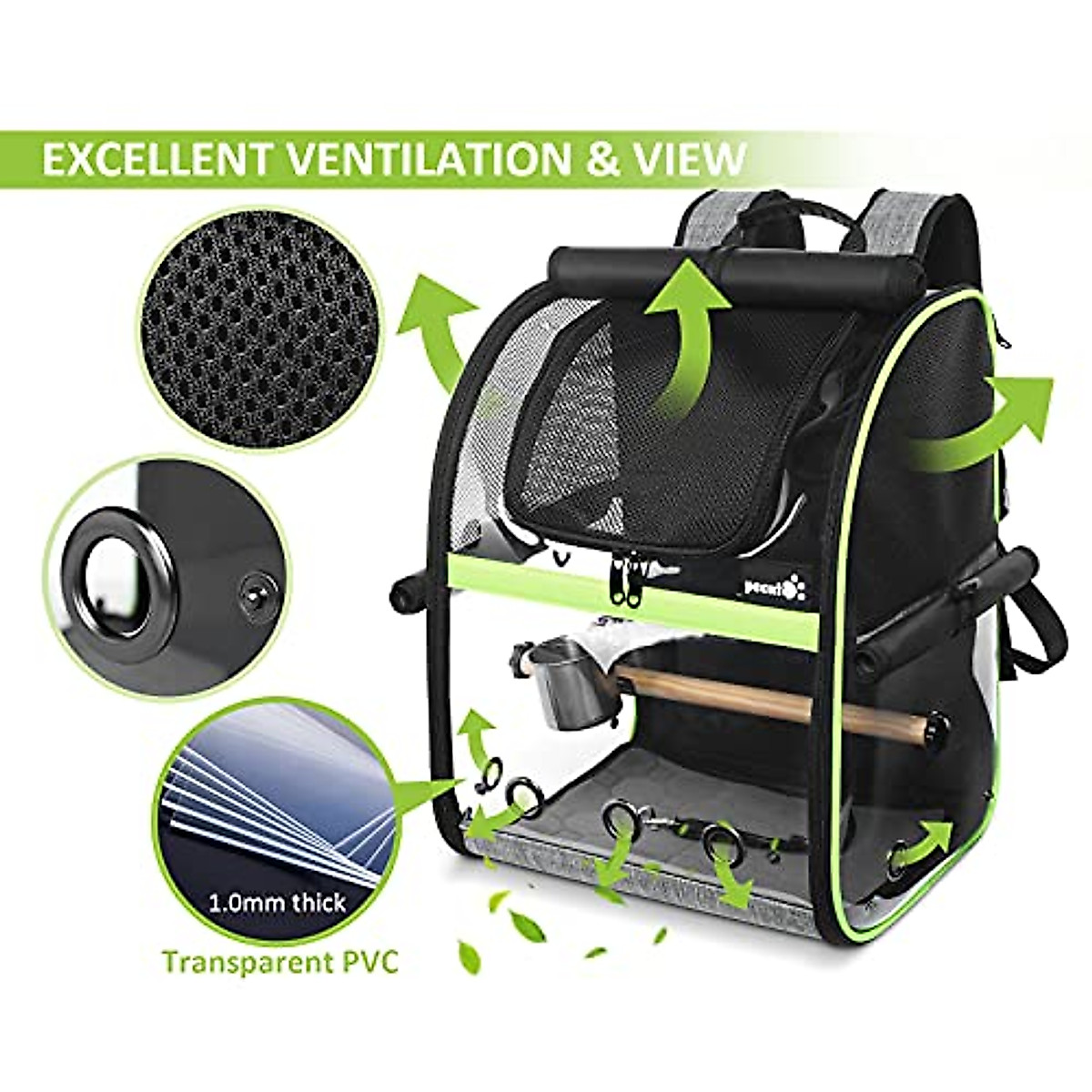 Pecute Bird Carrier Backpack, Parrots Bird Backpack with Visible Window, Adjustable Height Standing Perch, Feeding Cans, Waterproof Pads, Lightweight Foldable Birds Travel Cage for Hiking Camping