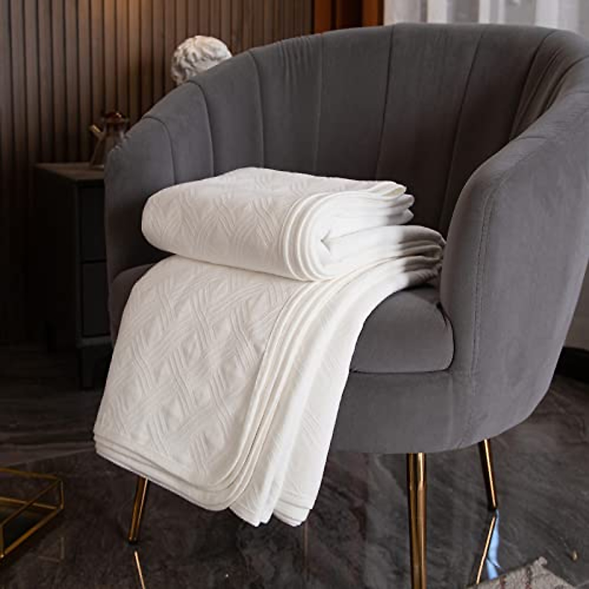 ACCOTIA 100% Cotton Quilt Blanket for Bed Couch Sofa 78"x90", Soft Breathable Queen Size 6 Layers Bed Blanket with Wave Jacquard for All Season (Wave Pattern, White)