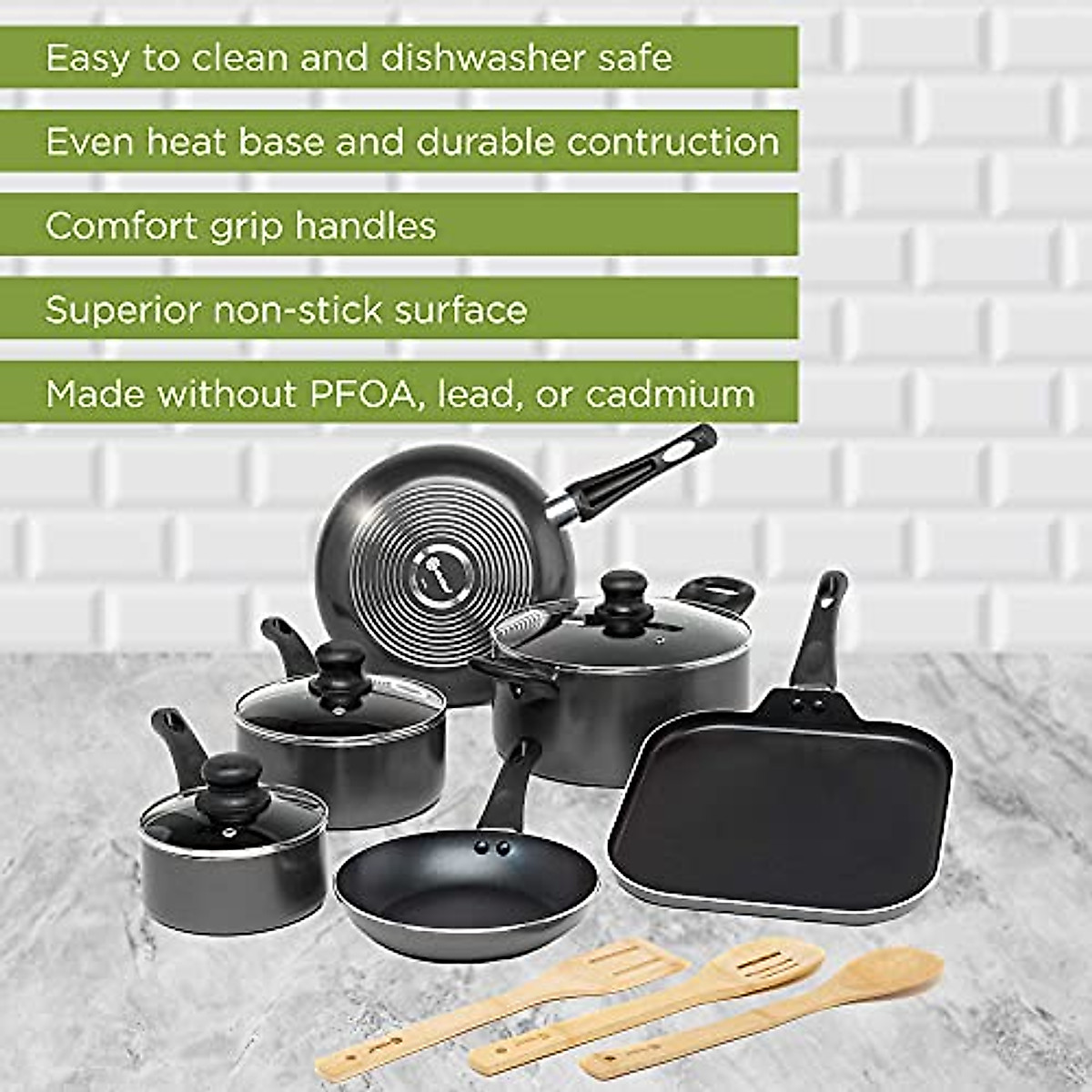 Ecolution Easy Clean Nonstick Cookware Set, Dishwasher Safe Kitchen Pots and Pans Set, Comfort Grip Handle, Even Heating, Ultimate Food Release, 12-Piece, Black