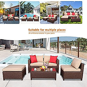 L-DREAM 5-Piece Set Rattan Sofa for Outdoor Patio Furniture Set, Brown PE Rattan Wicker Sofa Set, with Beige Seat Cushions and Rectangular Coffee Table, Garden Furniture (Color : Brown)