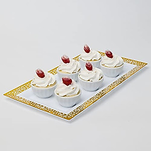 10-Pack Disposable Serving Trays - Decorative Plastic Serving Trays and Platters for Dessert Table, Buffet, Parties, Weddings, and Any Occasion - White with Gold Lace Rim, 7.5 x 14 Inches