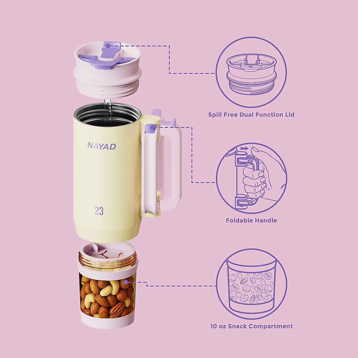 NAYAD22 oz Kids Tumbler with Handle and Straw & 10oz Snack Container - Insulated Kids Water Bottle with Foldable Handle, Dual Lids(Leakproof Flip +Silicone Straw Lid) for Travel, Gym& Daily Use