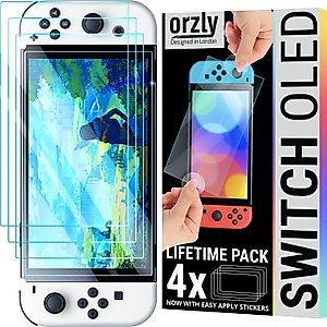 Orzly Glass Screen Protector for Nintendo Switch OLED 2024 Console Accessories (Pack of 4) - Tempered Glass Life time Edition