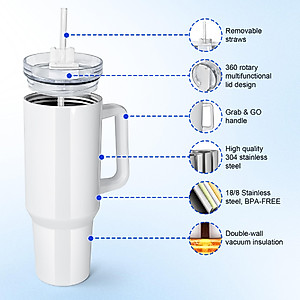 sweet grain 40oz Sublimation Tumbler with Handle and Straw Lid, 12 Pack Double Wall Vacuum Reusable Stainless Steel Insulated Water Bottle Travel Mug Cup, White, DIY Gift