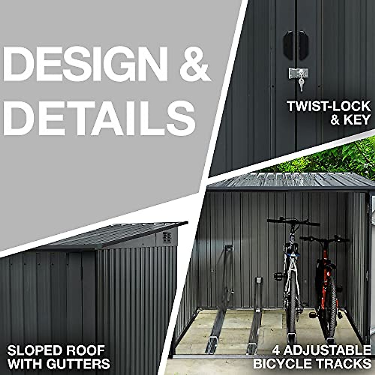 Hanover Galvanized Steel Bicycle Storage Shed with Slope Roof and Twist Lock and Key in Dark Gray, Stores up to 4 Bikes