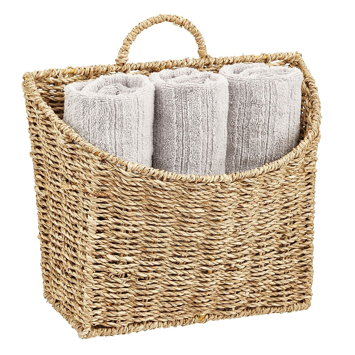 mDesign Woven Seagrass Hanging Wall Storage Basket for Flowers & Essentials, Decorative Boho Mounted Organizer for Pantry, Closet, Bathroom, and The Door - Set of 2 - Natural